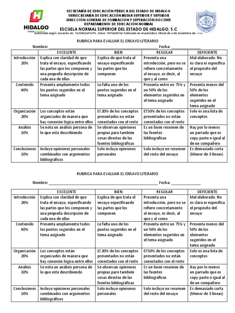 Rubrica para Evaluar El Ensayo | PDF | Ensayos | Liderazgo