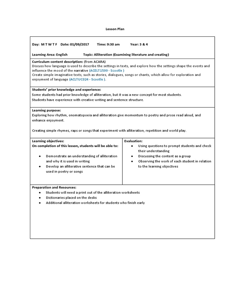Bsanders Alliteration Lesson Plan | PDF | Lesson Plan | Poetry