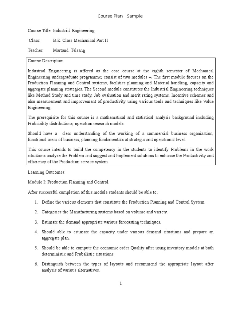 Course Plan Sample | PDF | Engineering | Inventory