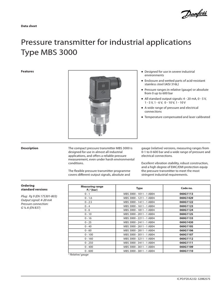 MBS 3000 Pressure Transmitter | PDF | Electrical Connector | Hertz