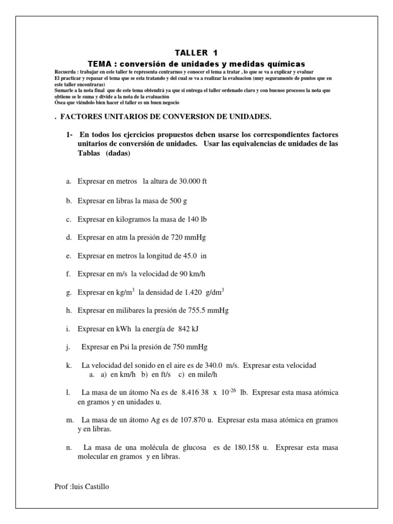 Taller de Conversión de Unidades Químicas | PDF | Celsius | Unidad ...