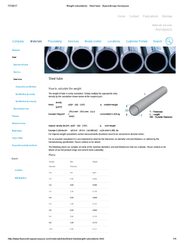 Weight Calculations - Steel Tube - Thyssenkrupp Aerospace | PDF | Steel ...