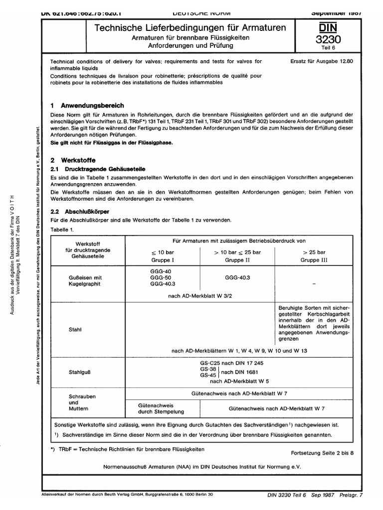 DIN 3230-6-1987 Technical Delivery Conditions For Valves PDF | PDF