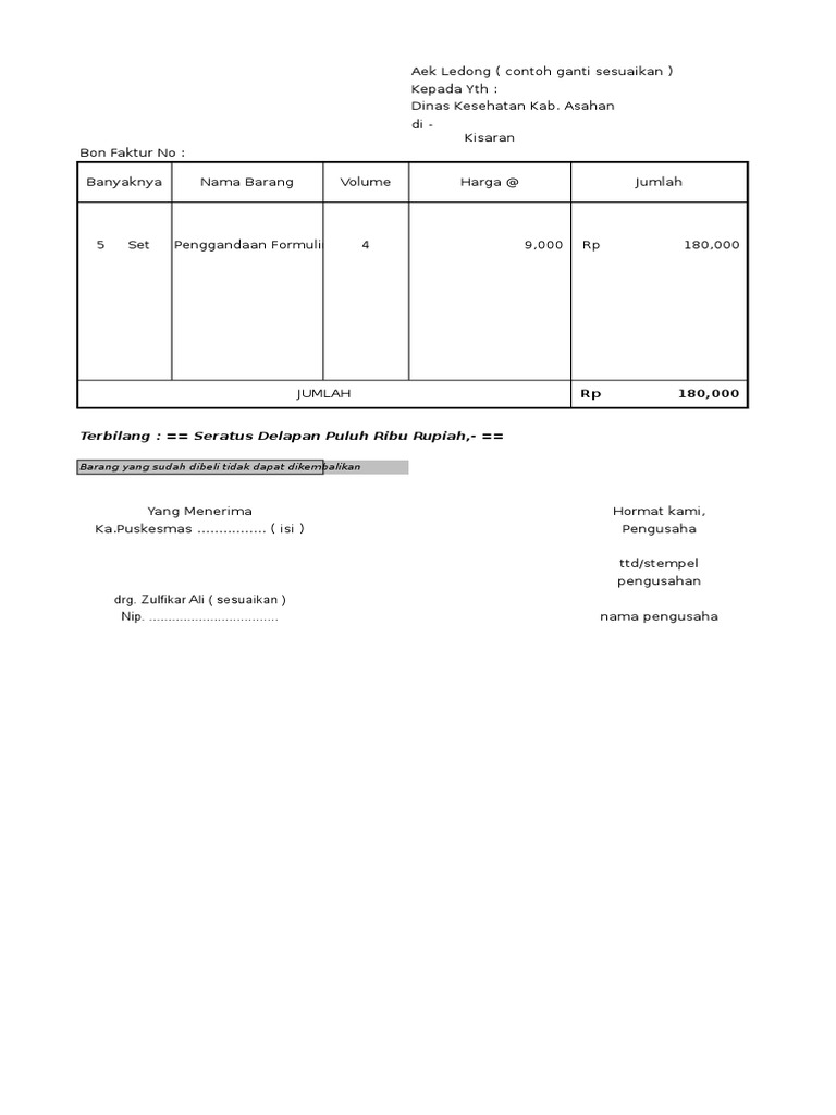 Contoh Bon Faktur Penjualan Barang | PDF