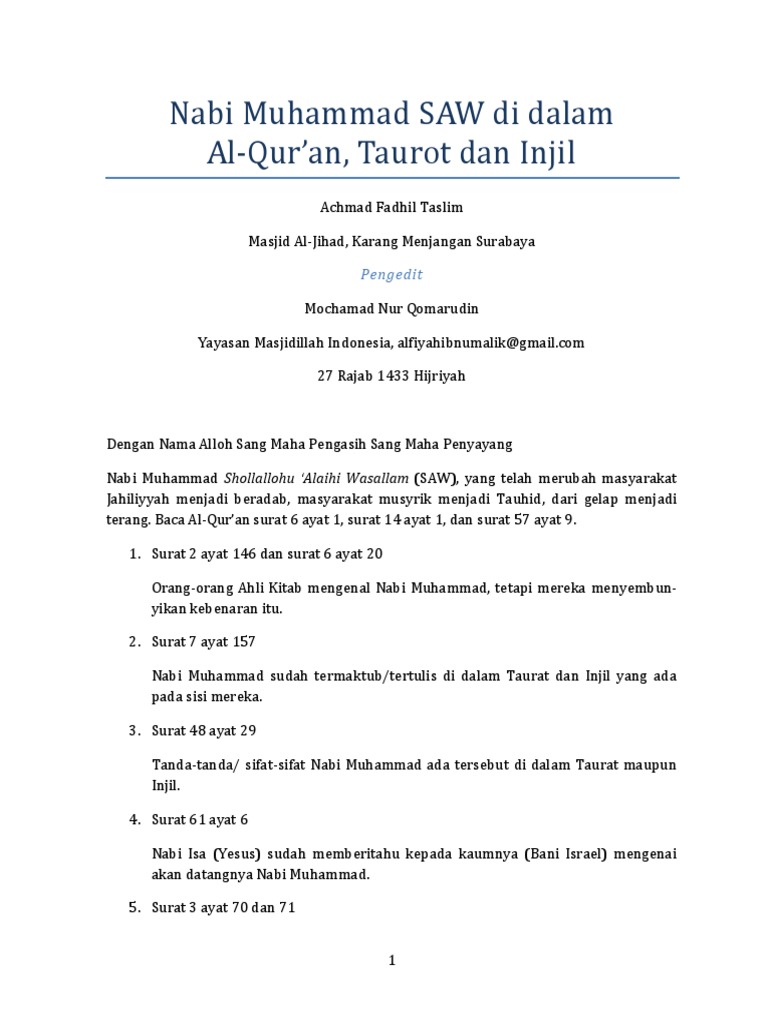 Nabi Muhammad Di Dalam Tiga Kitab Suci | PDF
