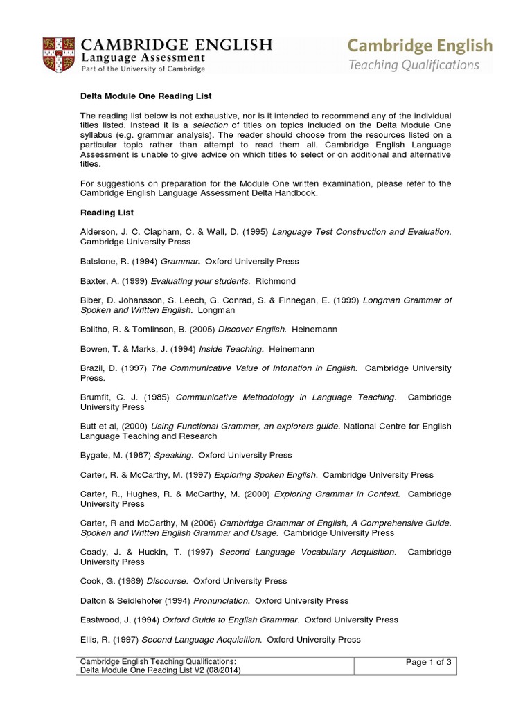 Delta Module One Reading List | Language Education | English Language