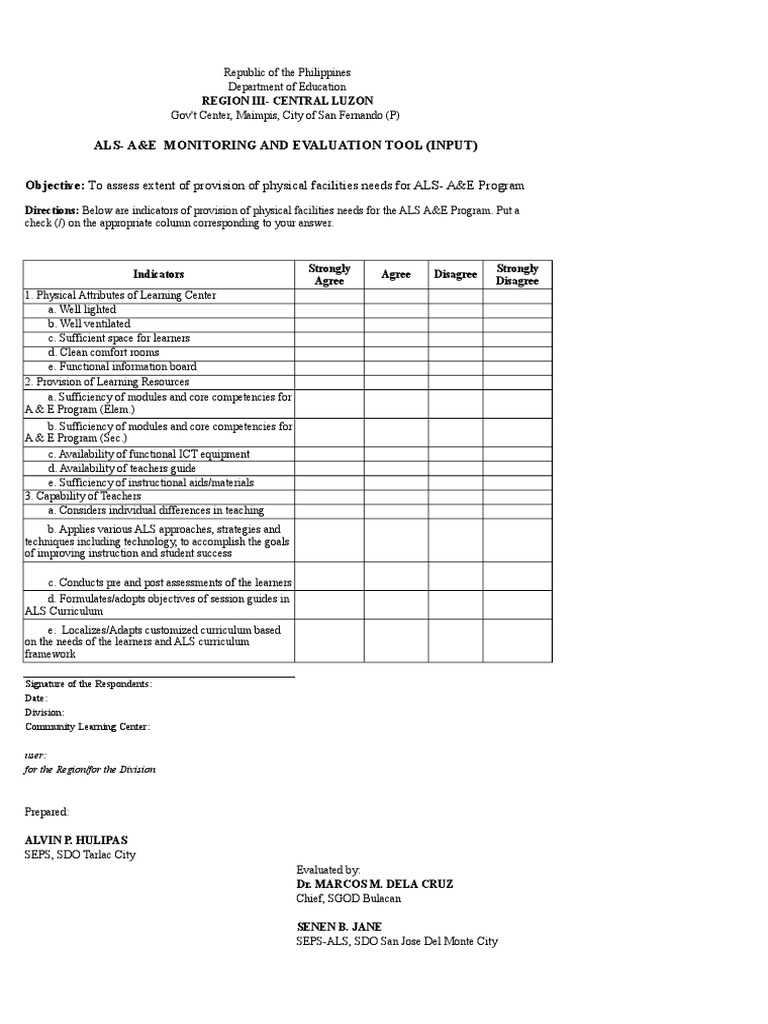 Als-A&E Monitoring and Evaluation Tool (Input) Objective: To Assess ...