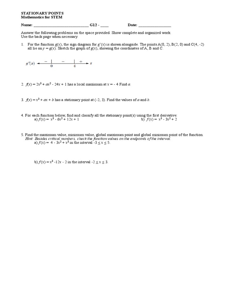 Stationary Points Worksheet | PDF