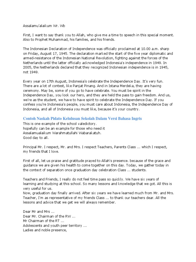 Contoh Naskah Pidato Kelulusan Sekolah Dalam Versi Bahasa Ingris | PDF