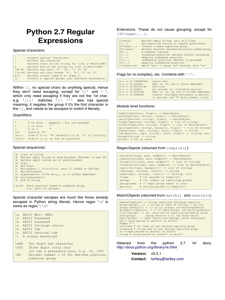Python Regex Cheatsheet PDF | PDF