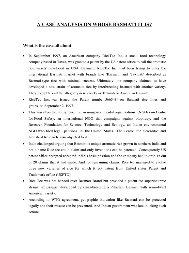 Basmati Case Study IPR | PDF | Patent | Company Information