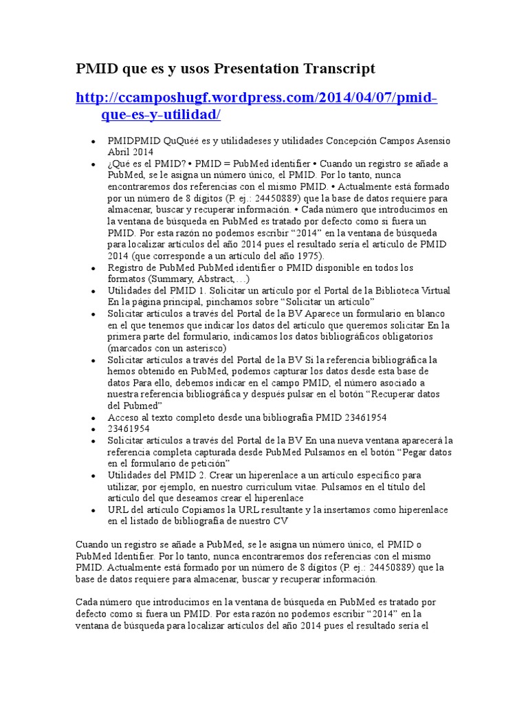 PMID Que Es y Usos Presentation Transcript | PDF | Pub Med | Bases de datos