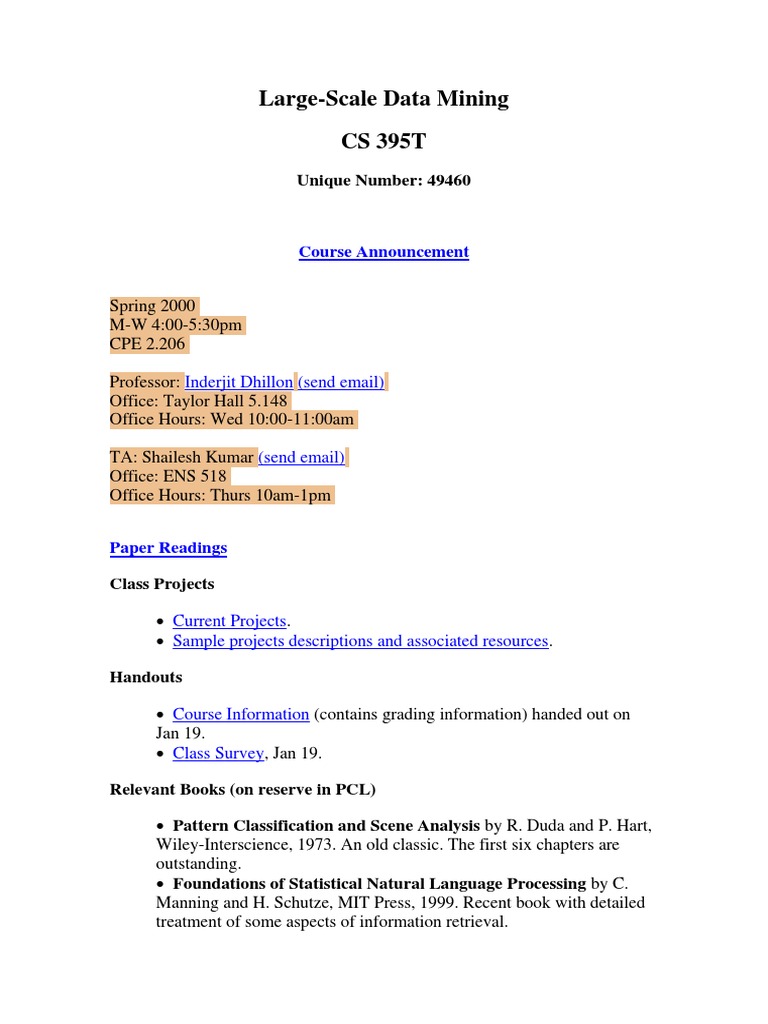 Large-Scale Data Mining CS 395T: Unique Number: 49460 | PDF | Cluster Analysis | Algorithms