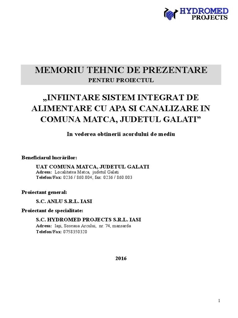 Memoriu Acord Mediu Alimentare Cu Apa Si Canalizare Matca | PDF