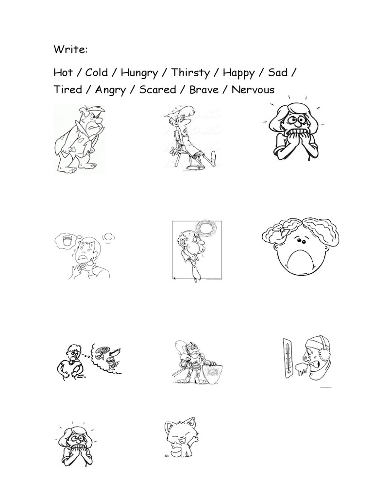 Write: Hot / Cold / Hungry / Thirsty / Happy / Sad / Tired / Angry / Scared / Brave / Nervous | PDF