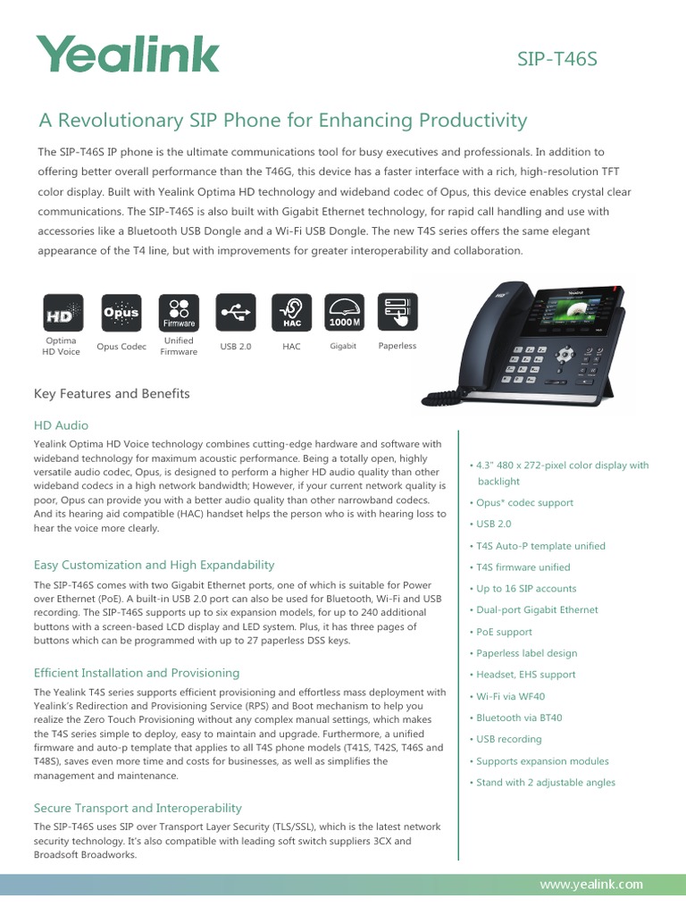 Yealink SIP-T46S Ultra Elegant Gigabit IP Phone With 4.3" LCD and POE Datasheet | PDF | Session ...