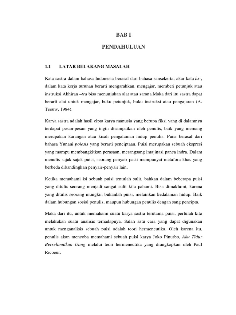 Analisis Hermeneutika Pada Puisi Aku Tidur Berselimutkan Uang Karya Joko Pinurbo | PDF