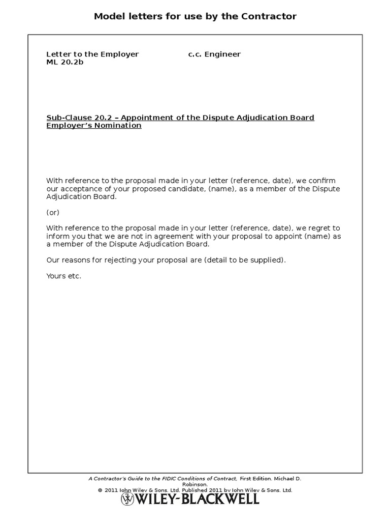 Model Letters For Use by The Contractor: Letter To The Employer C.C ...