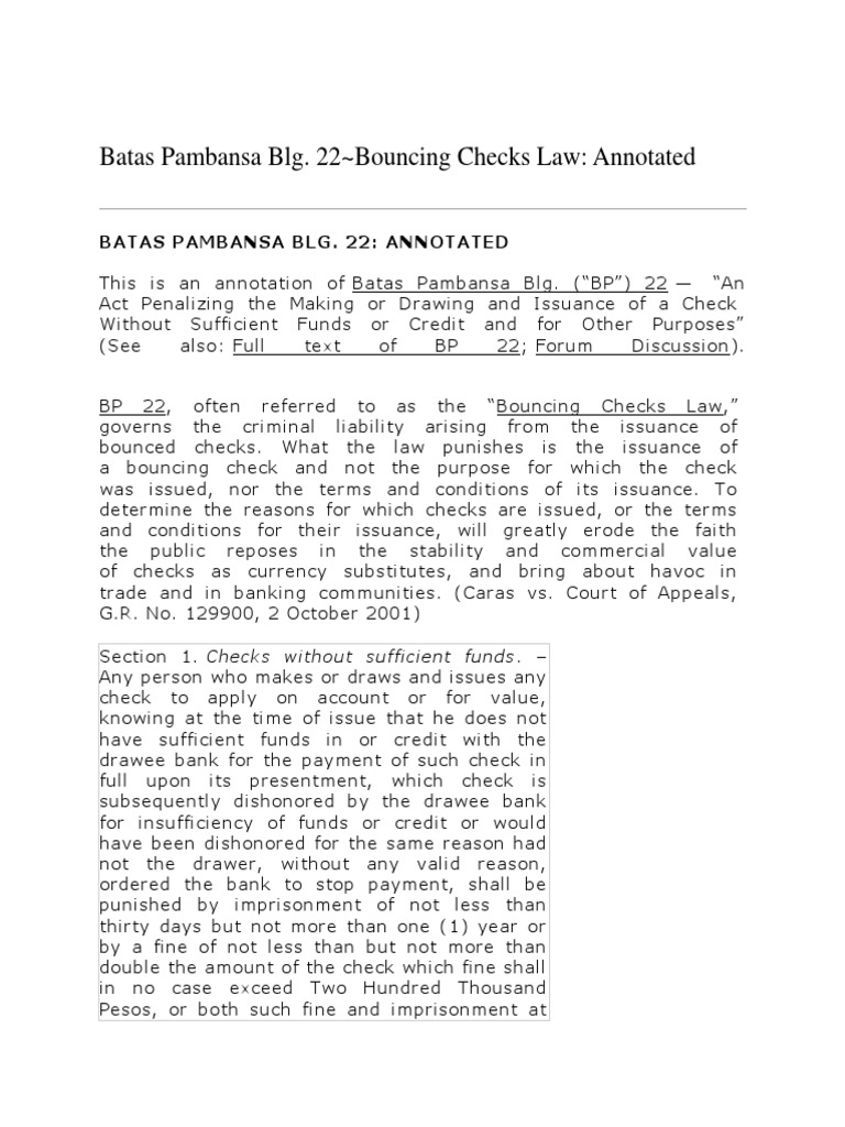 BP 22 Annotated | PDF | Cheque | Equal Protection Clause