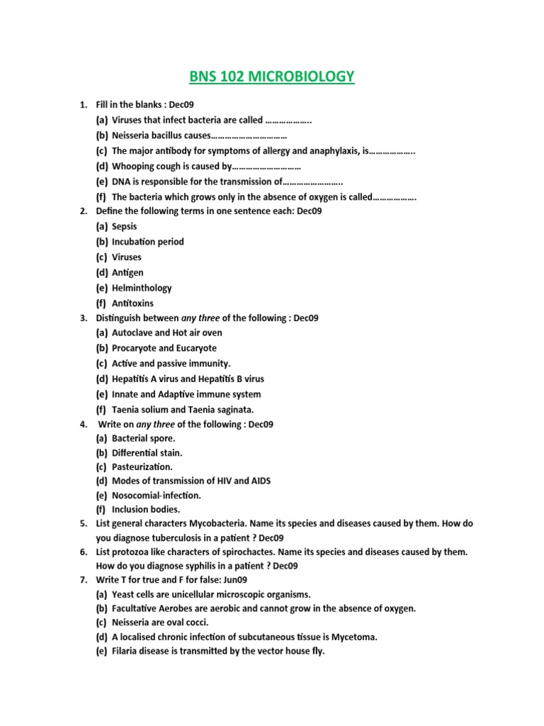 Bns 102 Microbiology Question Paper