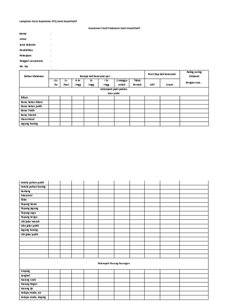 Form Kuesioner FFQ Kemenkes | PDF