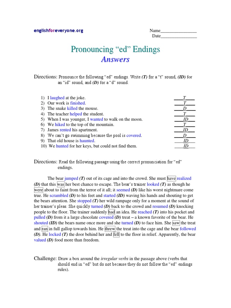 Pronouncing "ed" Endings Worksheet | PDF | Language Arts & Discipline