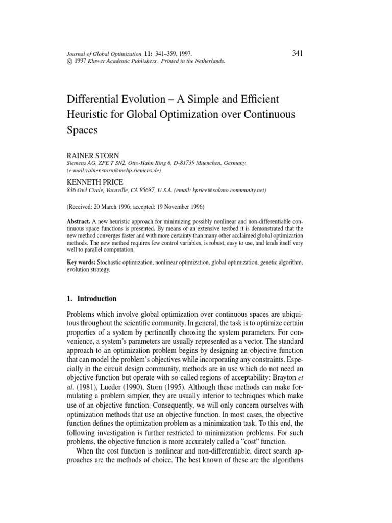Differential Evolution - A Simple and Efficient Heuristic For Global ...