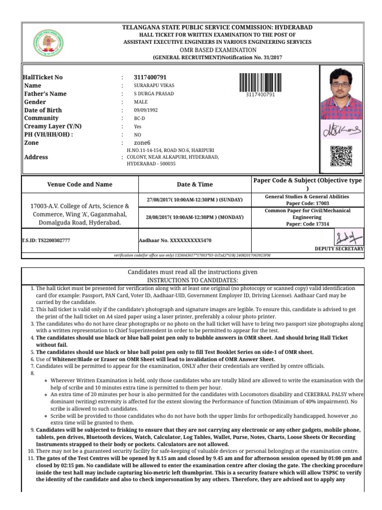 TSPSC Hall Ticket | PDF | Identity Document | Security