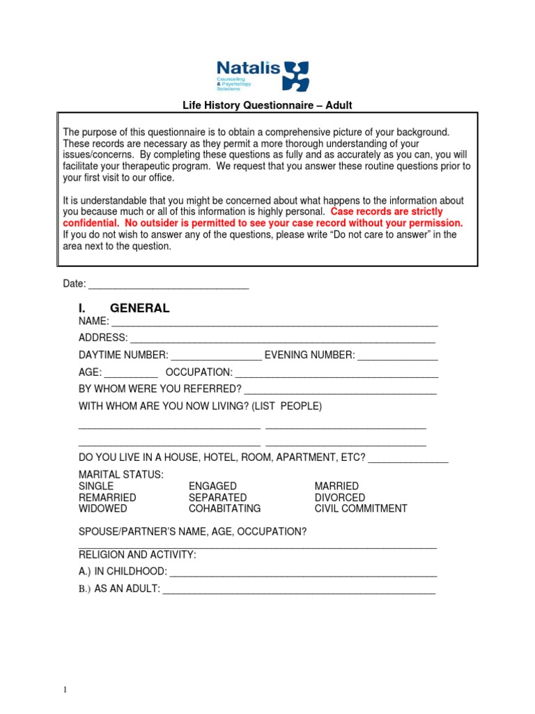 Life History Questionnaire for Adults | PDF | Psychotherapy | Parent