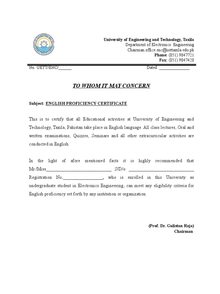 English Proficiency Letter | PDF