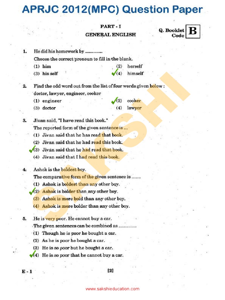 APRJC MPC Model Papers and Solutions | PDF