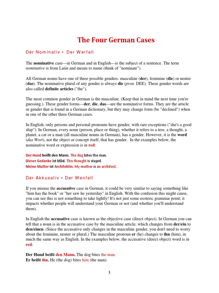 The Four German Cases | PDF | Grammatical Gender | Plural