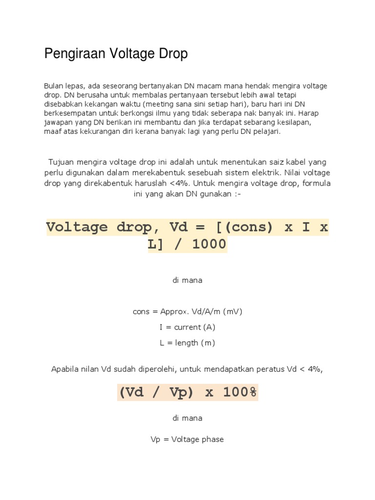 Pengiraan dan Formula Voltage Drop | PDF