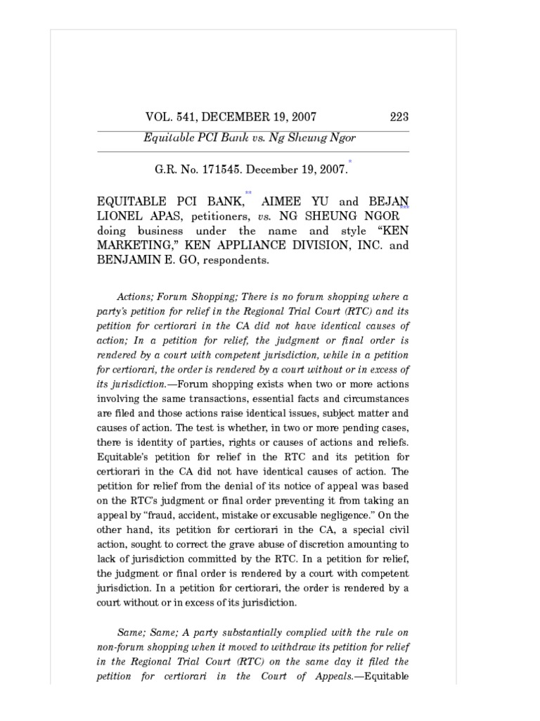 Equitable PCI Bank vs. NG Sheung Ngor | PDF | Certiorari | Equity (Law)