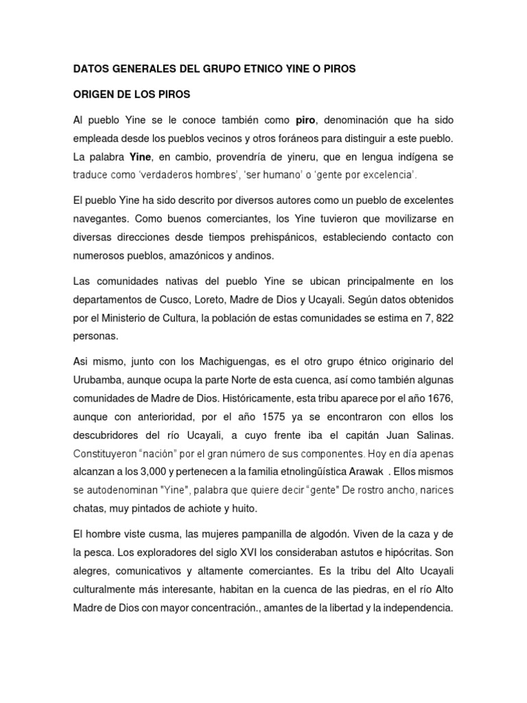 Datos del pueblo Yine o Piro en Perú | PDF | Gente indígena | Misionero