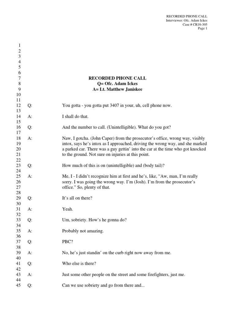 Recorded Phone Call Q Ofc. Adam Ickes A Lt. Matthew Janiskee | PDF ...
