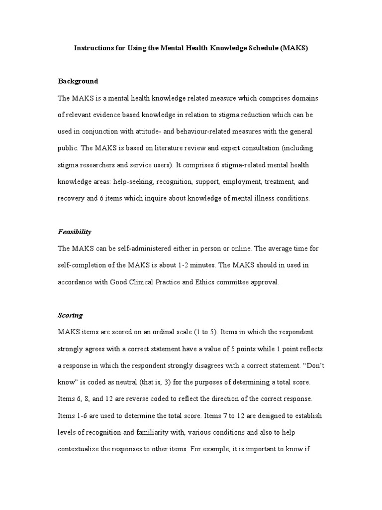 Instructions For Using The Mental Health Knowledge Schedule (MAKS) | PDF