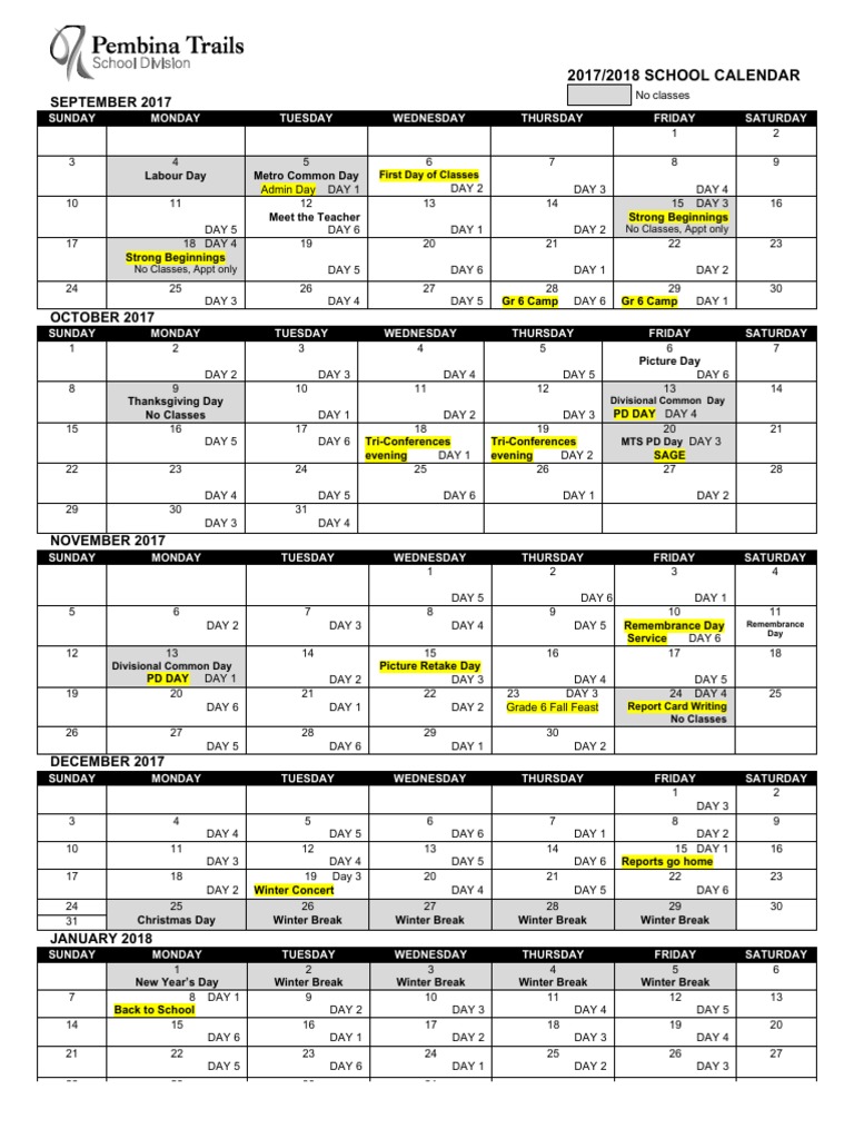 2017-2018 School Calendar Overview | PDF