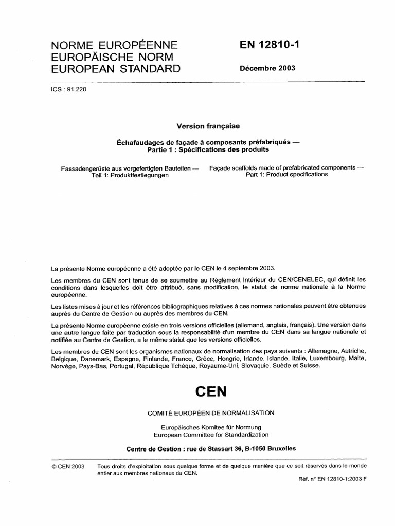 EN 12810 1 Echafaudages de Façade À Composants Préfabriqués Partie 1 ...