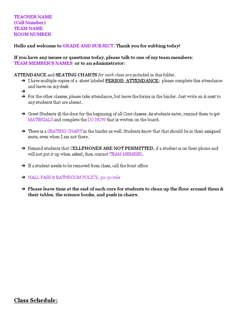 Emergency Sub Plan Binder Template | PDF