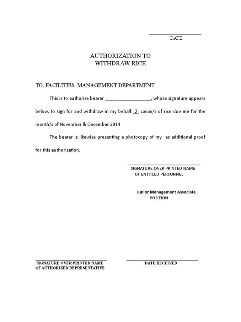 Authorization To Withdraw Rice: To: Facilities Management Department | PDF | Finance & Money ...