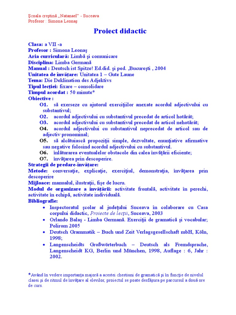 Proiect Didactic Limba Germana Vii | PDF