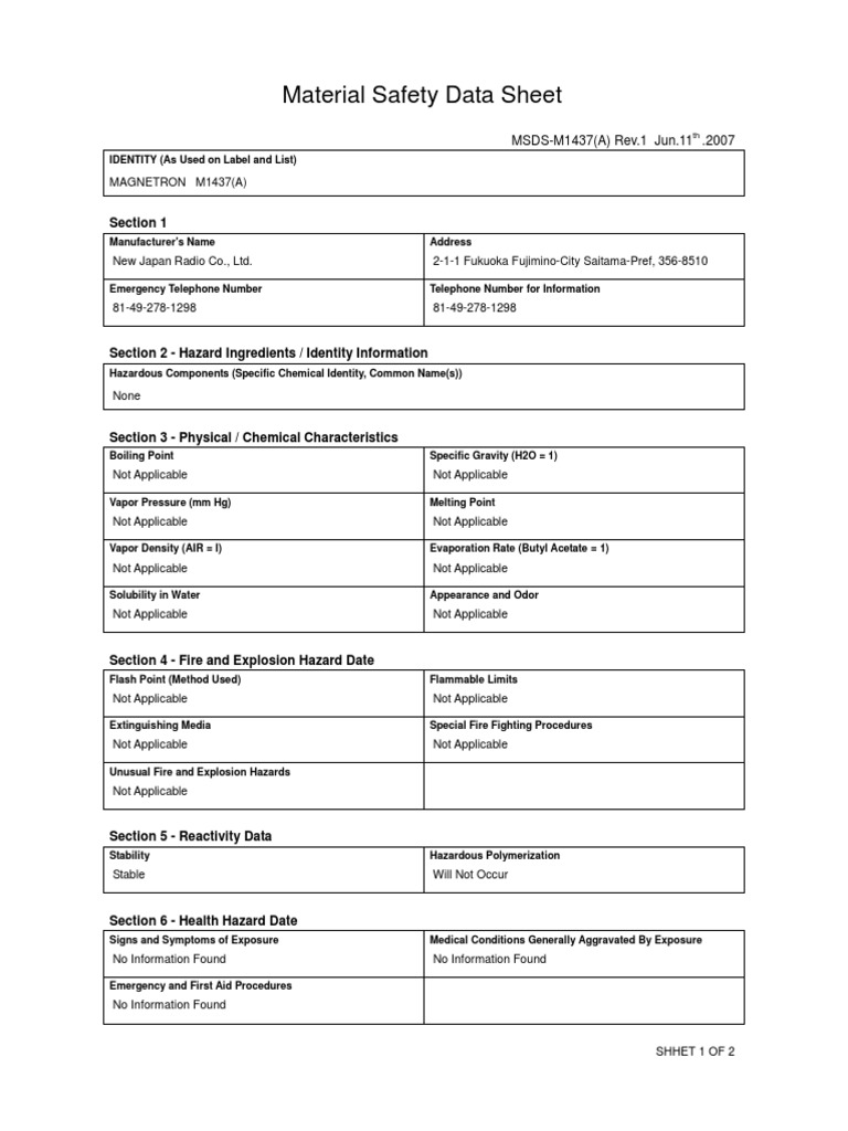 Msds For Magnetron Type M1437a | PDF | Safety | Materials