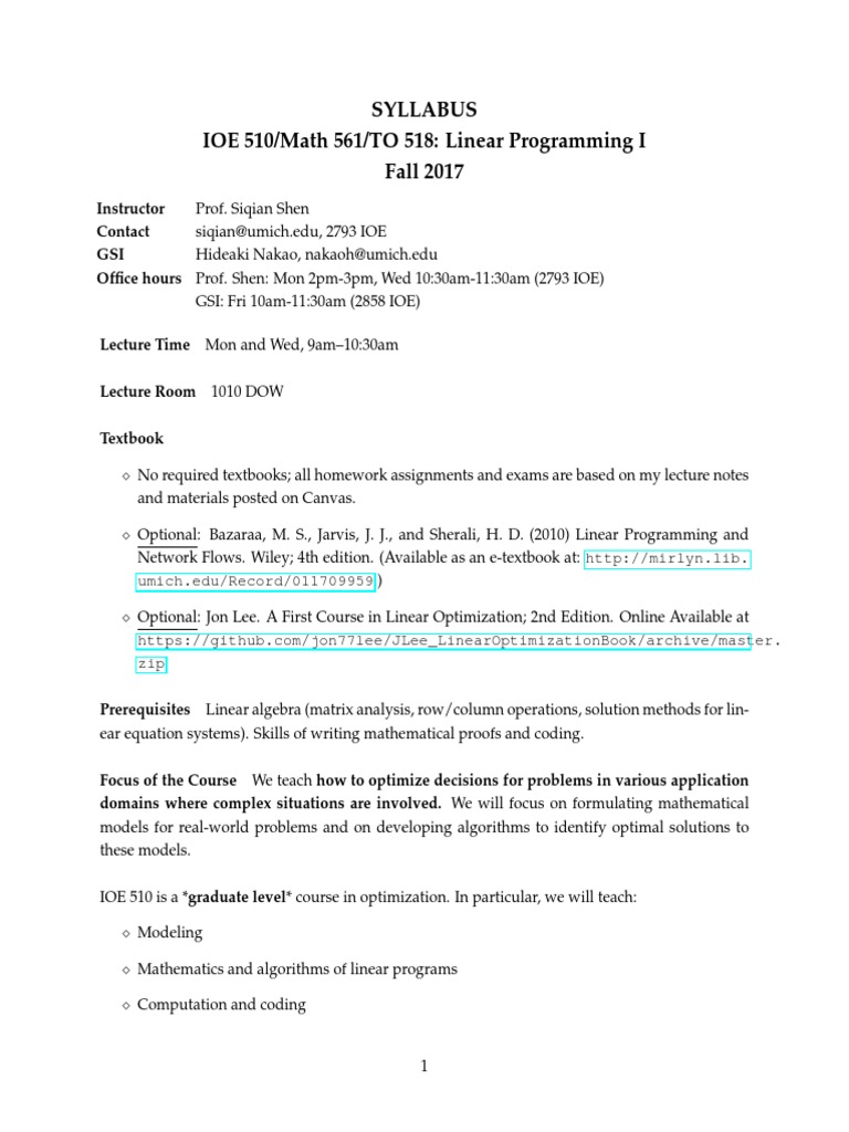 IOE 510 Syllabus | PDF | Linear Programming | Mathematical Optimization