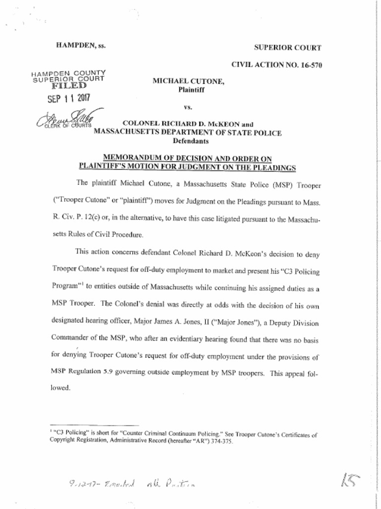 Court Decision On Trooper Michael Cutone Request To Market C3 Policing ...