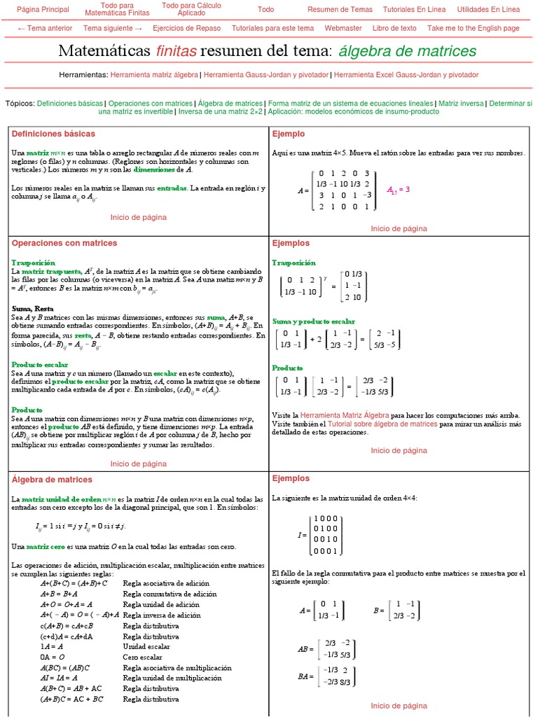 Resumen Matrices | PDF | Matriz (Matemáticas) | Multiplicación