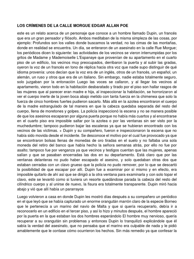 Los Crímenes de La Calle Morgue Edgar Allan Poe | PDF | El misterio de ...