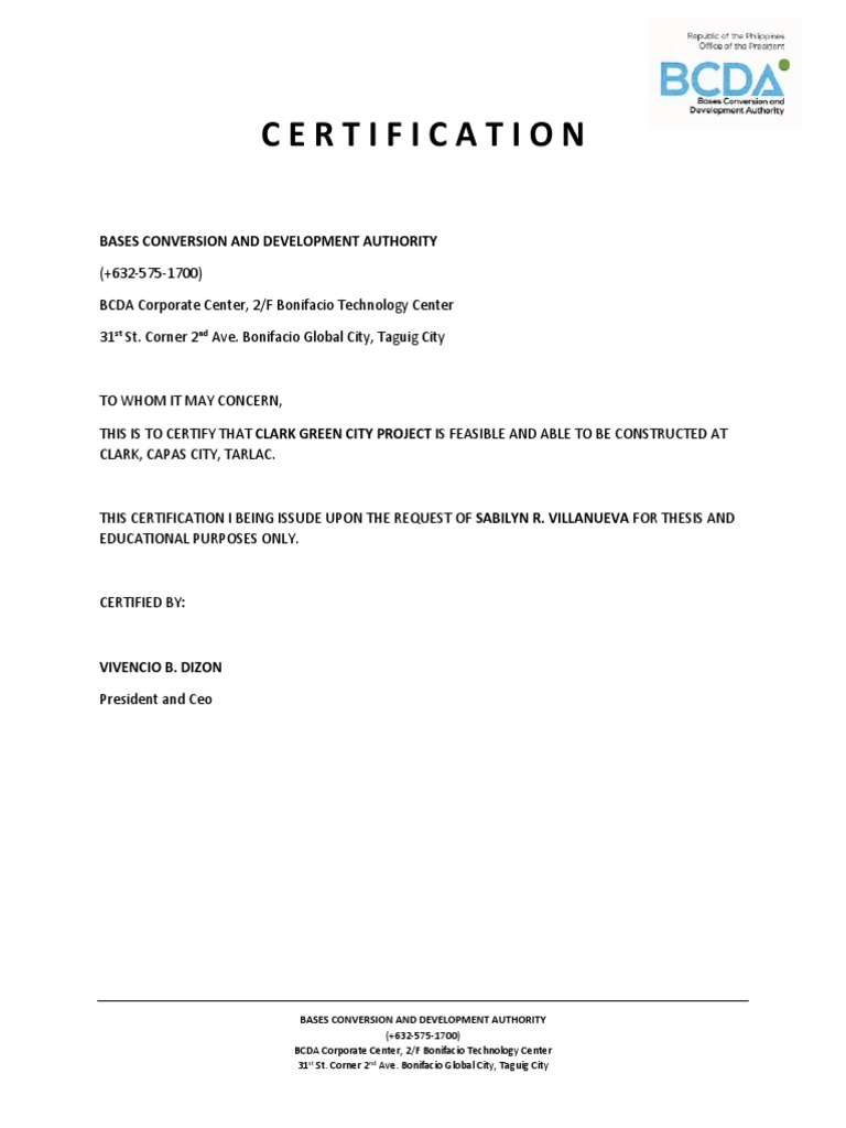 Certification: Bases Conversion and Development Authority | PDF