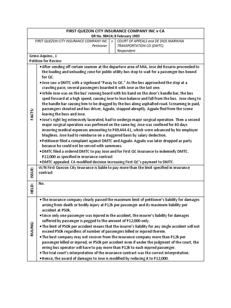 First Quezon City Insurance Company Inc V CA | PDF | Legal Liability ...
