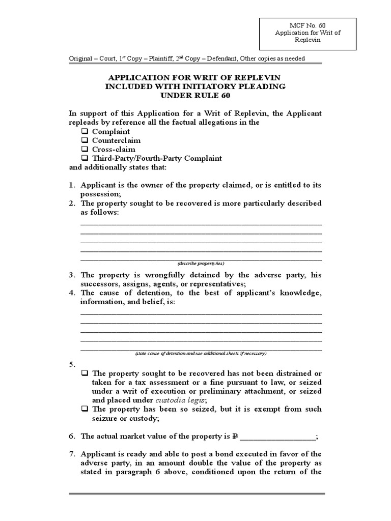 MCF 60 Application For Writ of Replevin | PDF | Writ | Judgment (Law)